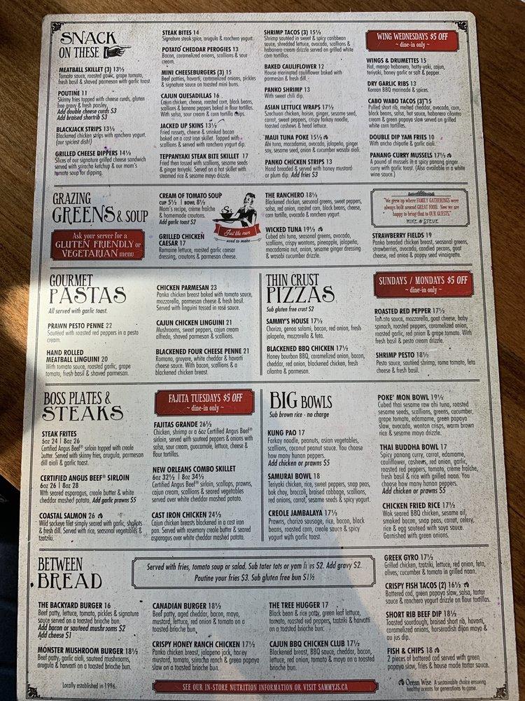 Menu at Sammy J's Grill and Bar, West Kelowna