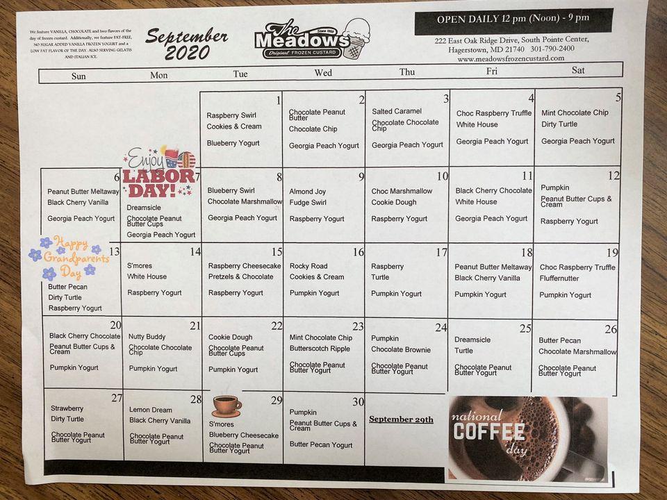 Menu at The Meadows Original Frozen Custard desserts, Hagerstown