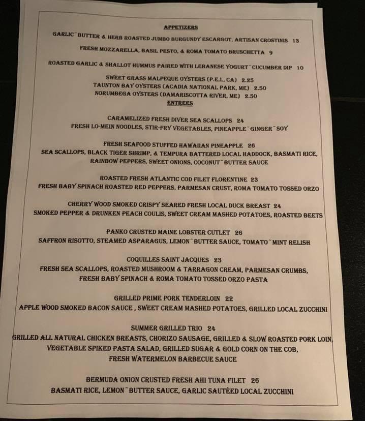 Menu at 18 below steakhouse, Waterville