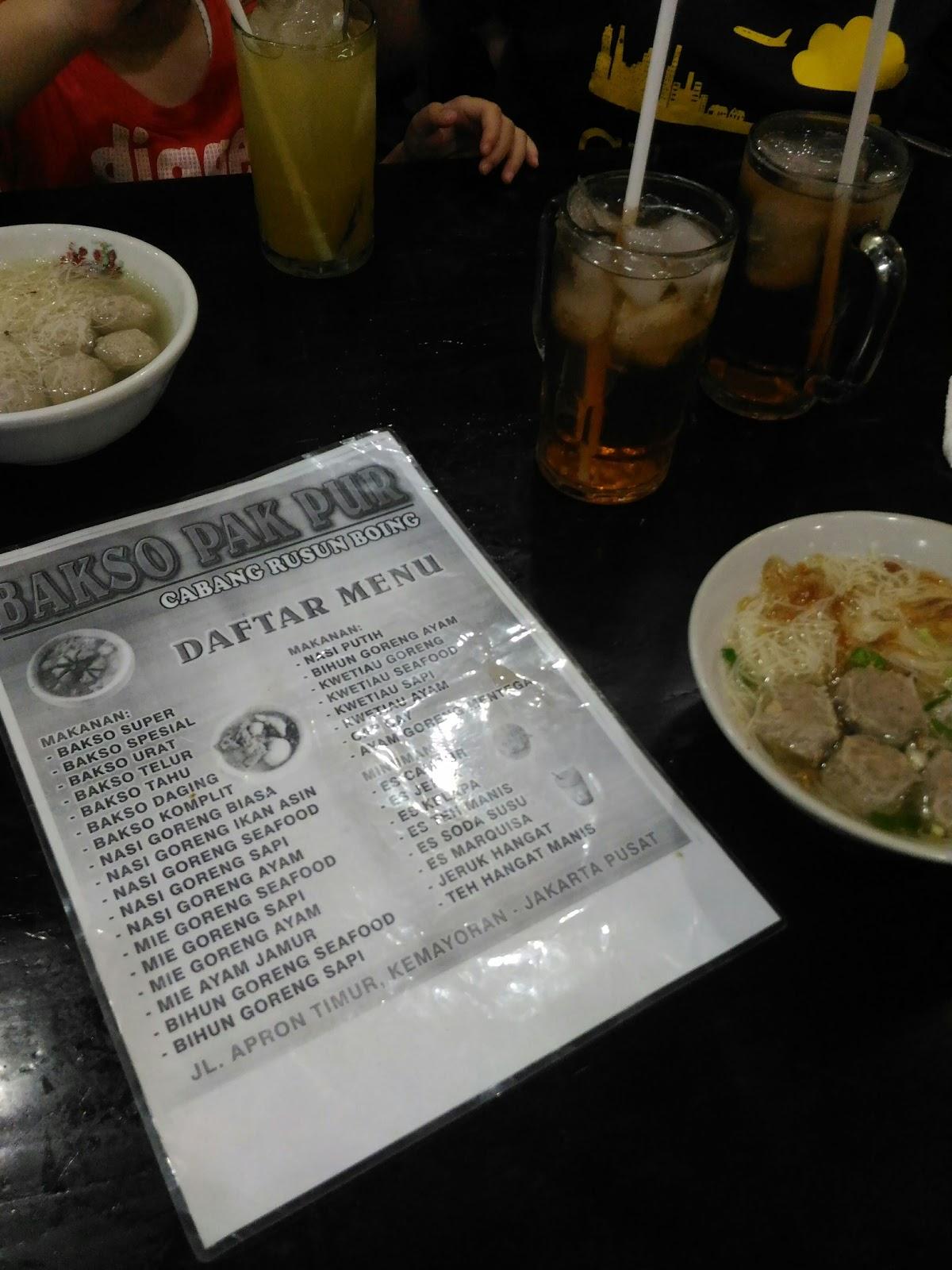 Menu at Bakso Pak Pur restaurant, Jakarta, Jl. Apron Kecamatan No.47