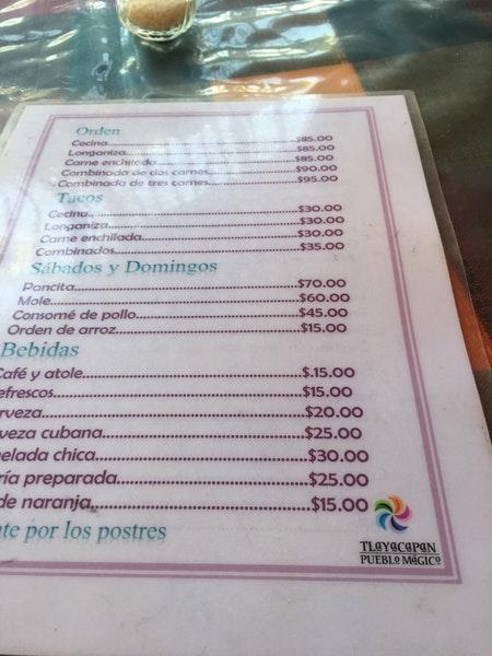 Menu at Comedor "Los Monos" restaurant, Tlayacapan