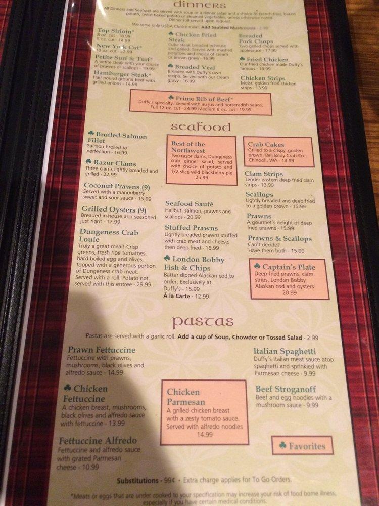 Menu at Duffy's restaurant, Aberdeen, Simpson Ave