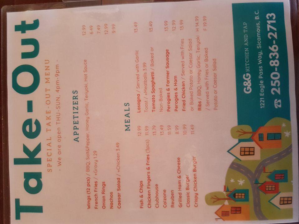Menu at G&G Kitchen and Tap restaurant, Sicamous, Eagle Pass Way