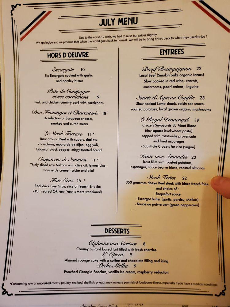 Menu at Once Upon A Time In France restaurant, Nashville