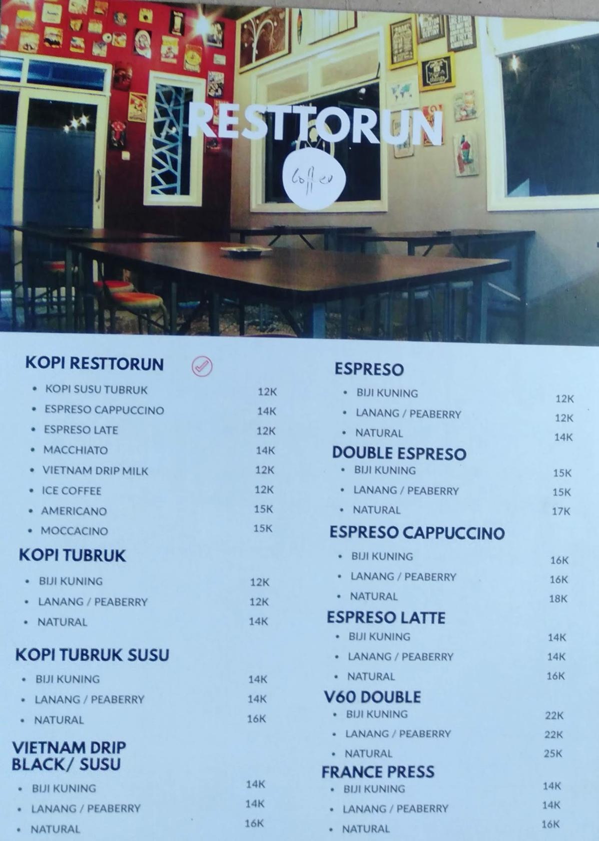 Menu at Resttorun cafe, Tarogong Kaler