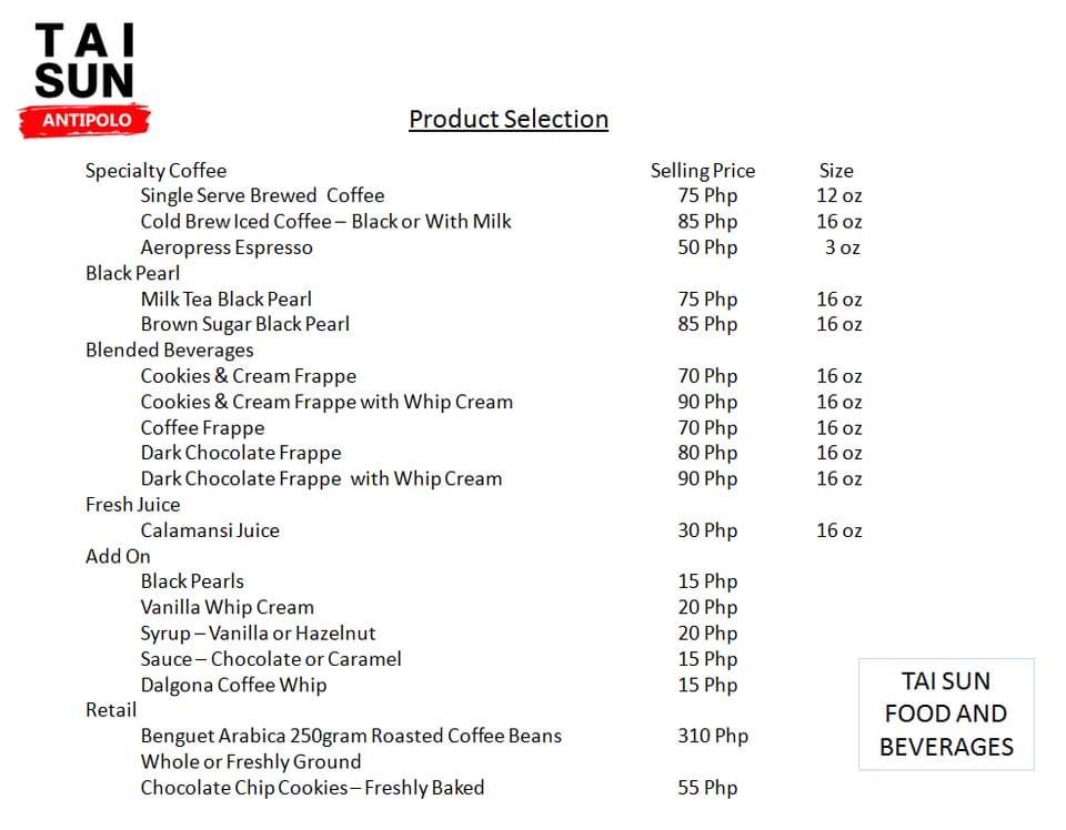 Menu at TAI SUN Antipolo - Coffee, Pearls & Frappes, Antipolo
