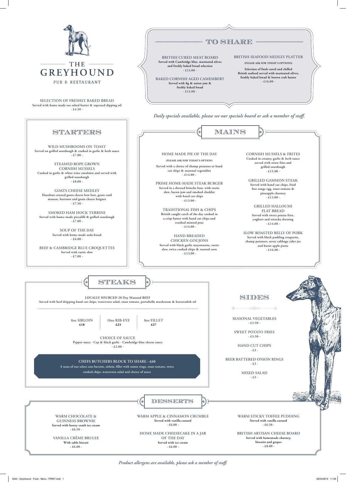 Menu at The Greyhound Traditional Pub & Restaurant, Cambridge