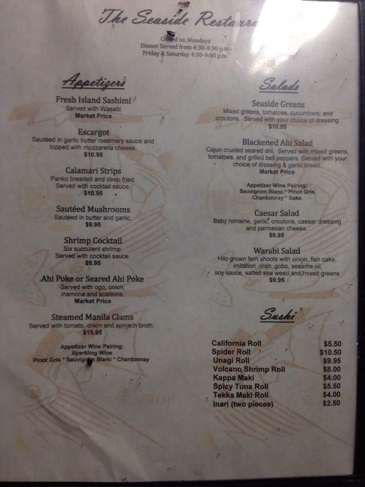 Menu at The Seaside Restaurant and Aqua Farm, Hilo