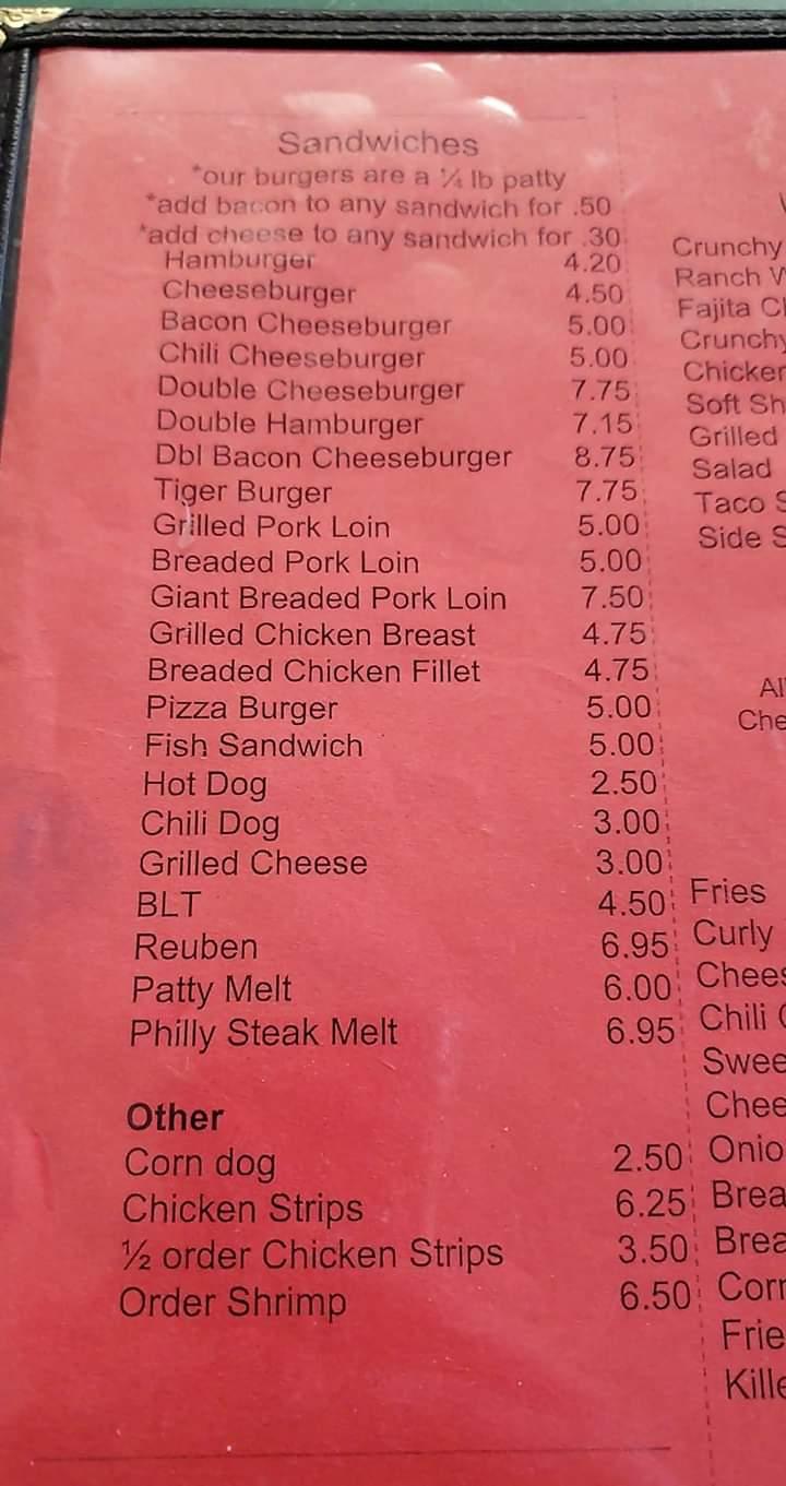 Menu at Tiger Drive-In restaurant, Greenfield, 610 SE Kent St