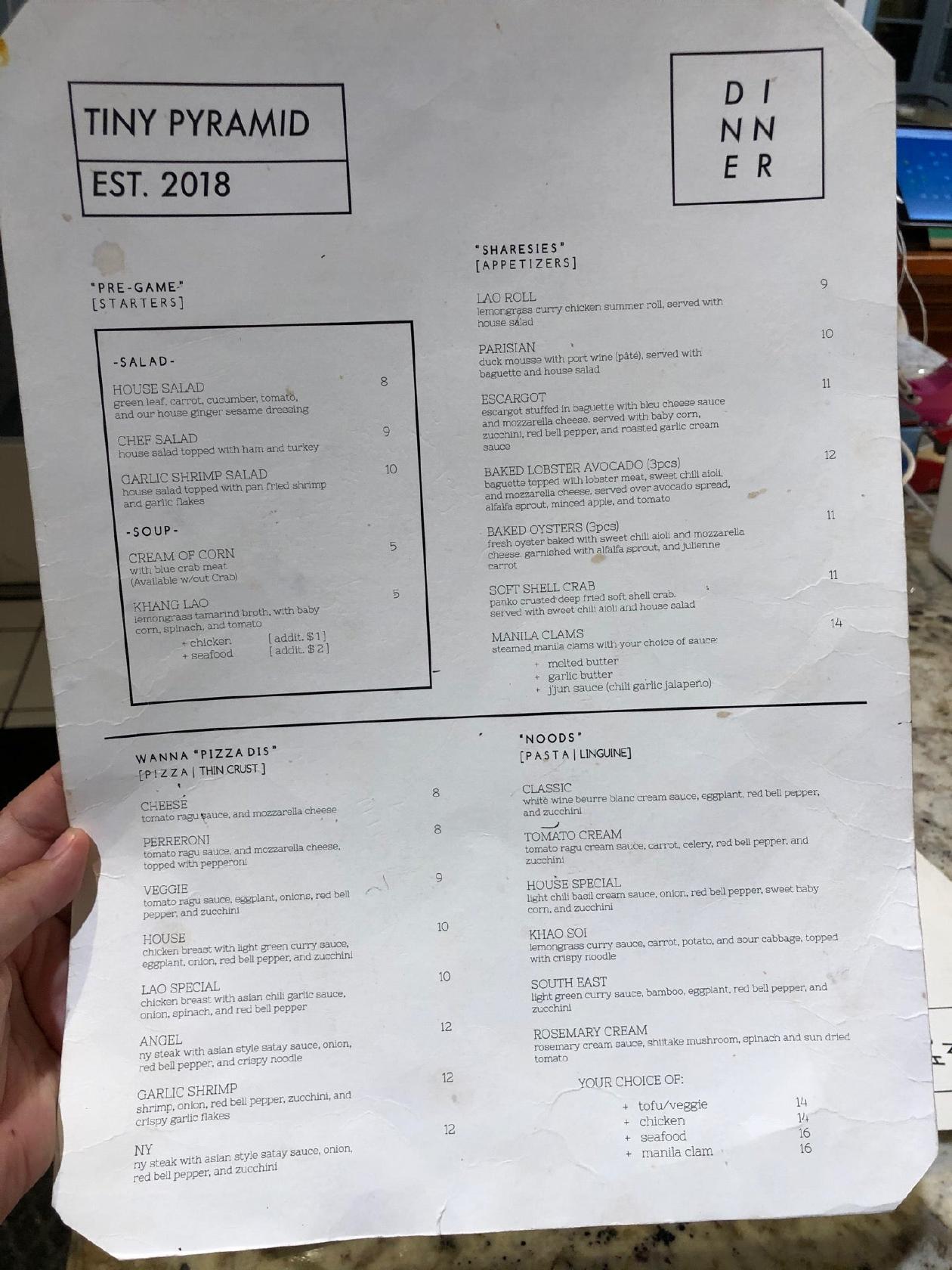 Menu at Tiny Pyramid cafe, Honolulu