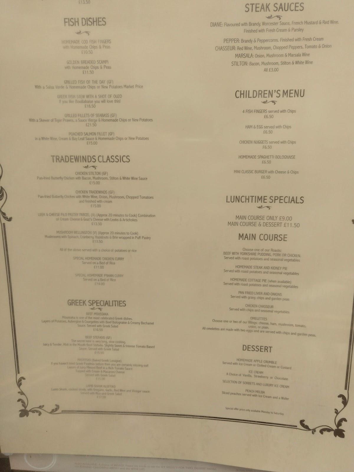 Menu at Trade Winds restaurant, Teignmouth