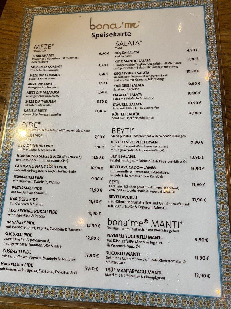 Menu at bona'me restaurant, Hamburg
