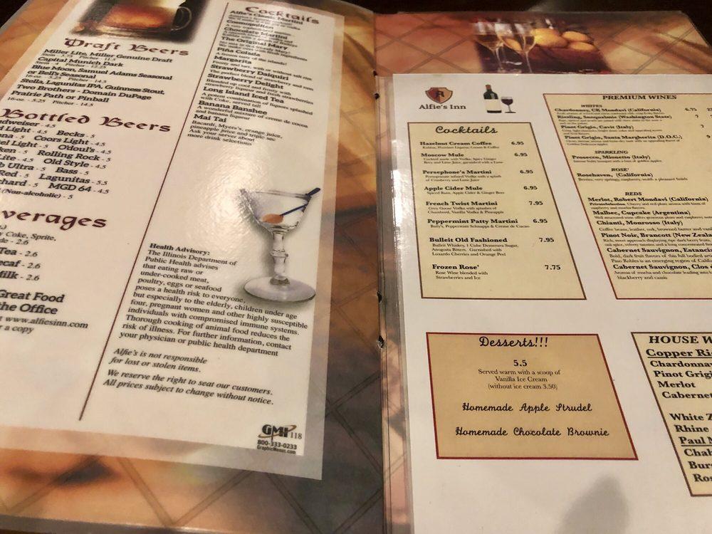 Menu at Alfie's Inn restaurant, Glen Ellyn