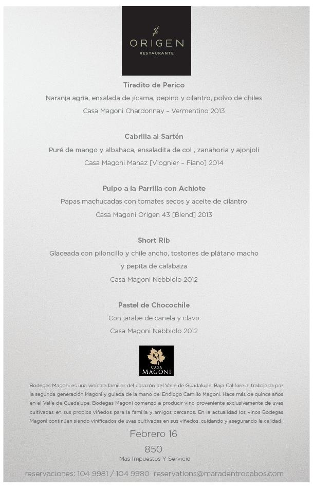 Menu at Restaurante Origen, San José del Cabo