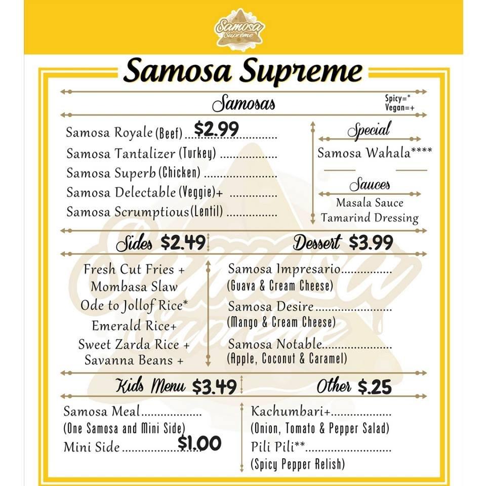 Menu at Samosa Supreme restaurant, Bowie