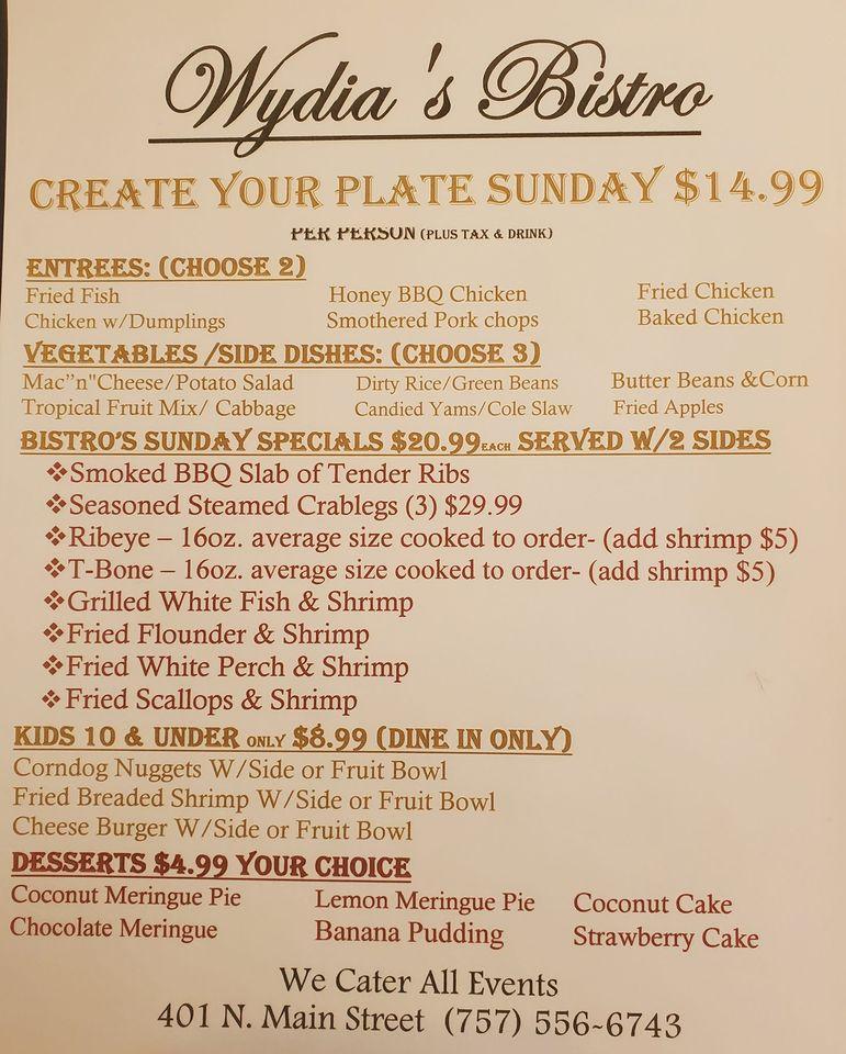 Menu at Wydia's Seafood and Steakhouse, Franklin