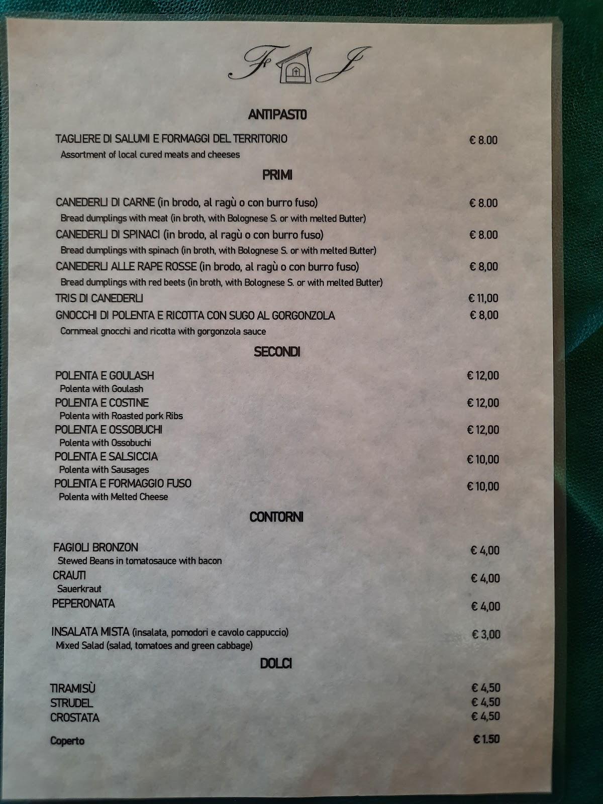 Speisekarte von Albergo Rifugio Lago Santo restaurant, Cembra
