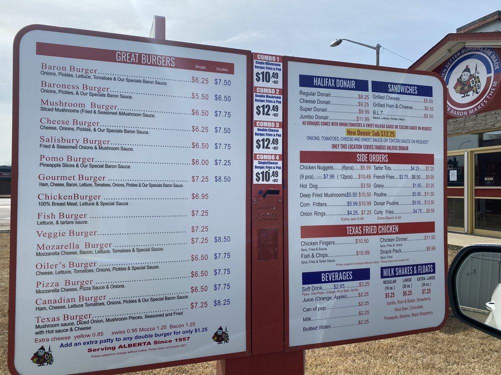 Menu at Burger Baron, Edmonton, 111 Ave NW