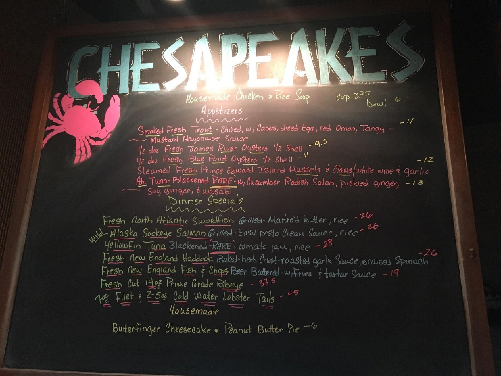 Menu at Chesapeake's Seafood Restaurant, Knoxville, 415 Locust St