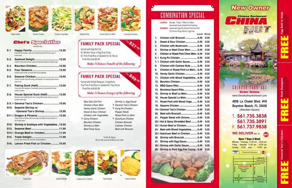 Menu at China Hut restaurant, Boynton Beach, Le Chalet Blvd #18