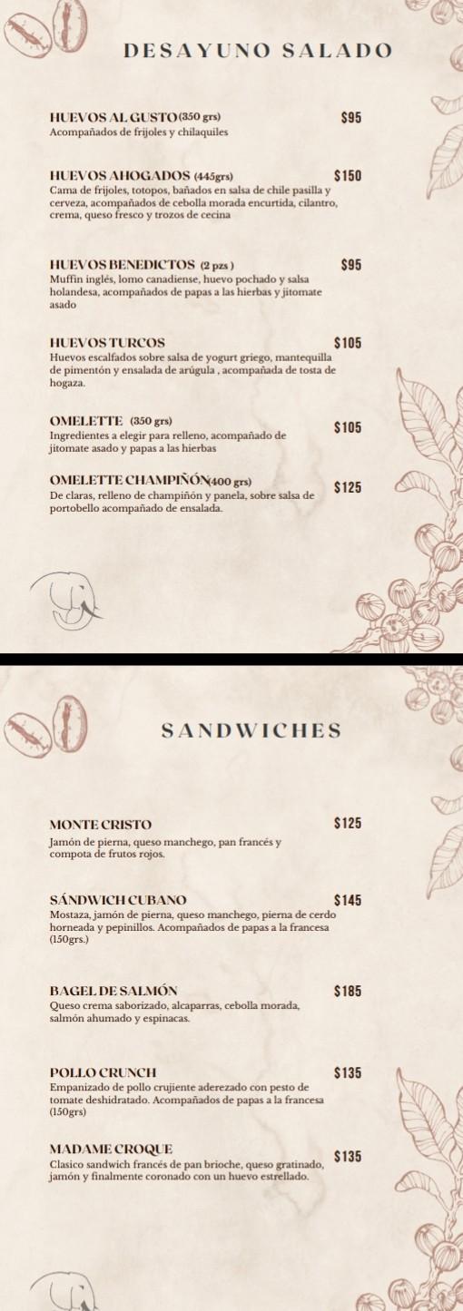 Menu at Elefante Sabio Café, Guadalajara