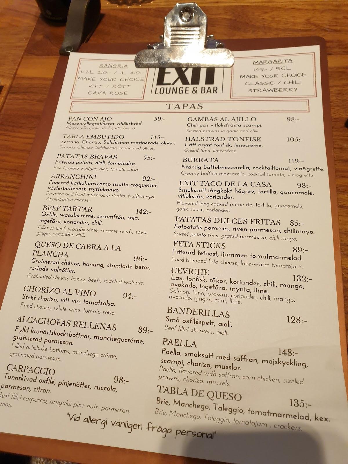 Menu at Exit Lounge & Bar Tapas, Stockholm