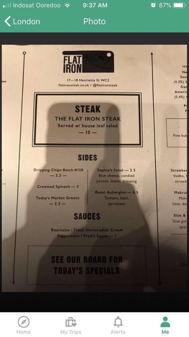 Menu at Flat Iron Covent Garden steakhouse, London, 17-18 Henrietta St