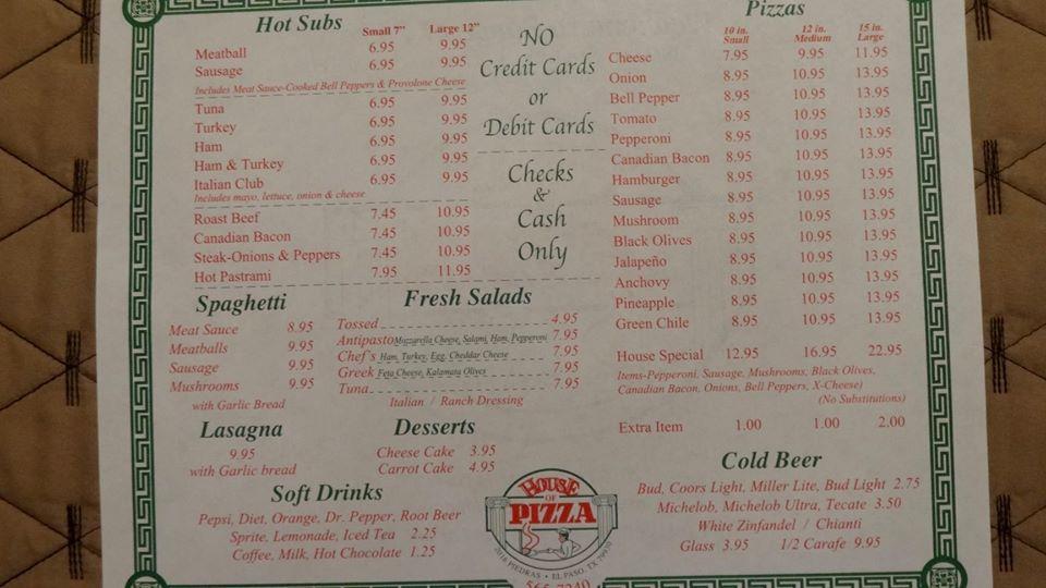 Menu at House of Pizza pizzeria, El Paso, N Piedras St