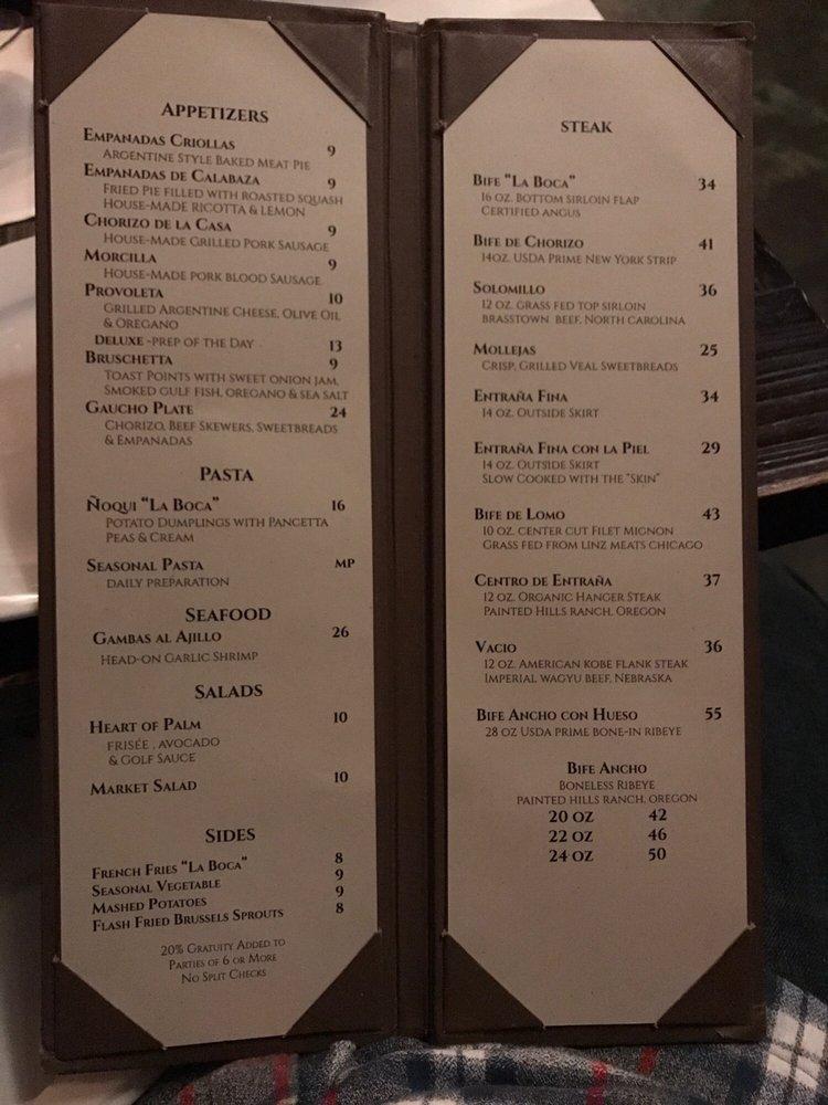Menu at La Boca Steakhouse, New Orleans