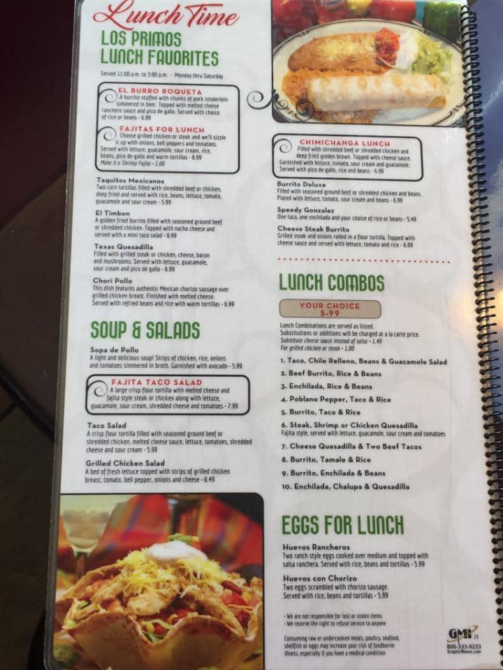Menu at Los Primos Mexican restaurant, Hidden Valley