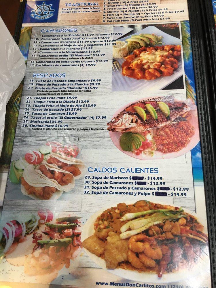 Menu at Mariscos El Marinero restaurant, San Antonio, McCullough Ave
