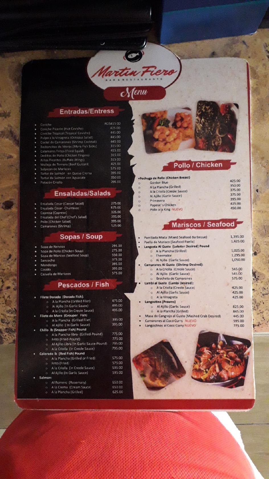 Menu at Martin Fiero restaurant, Juan Dolio
