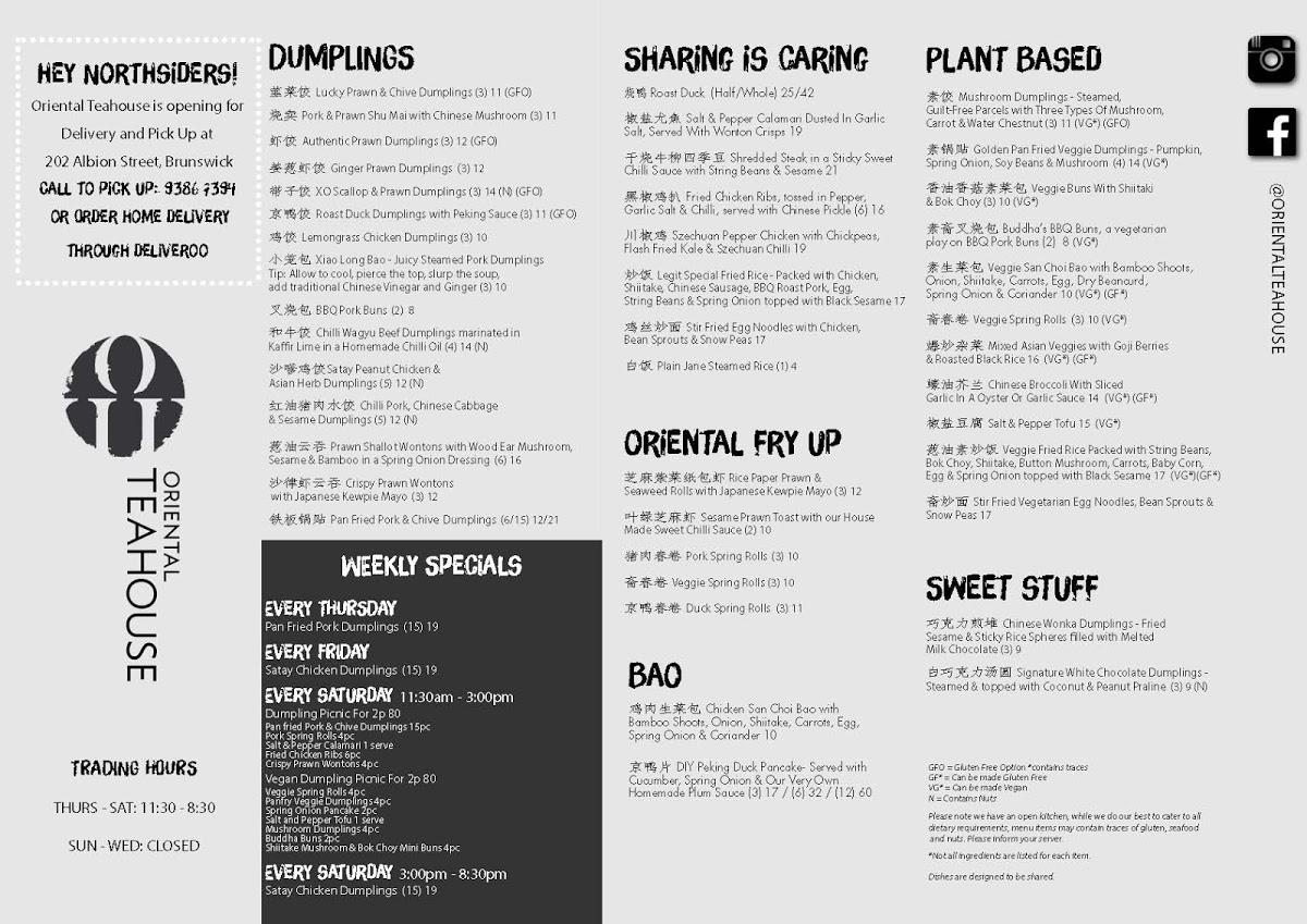Menu at Oriental Teahouse Brunswick restaurant, Brunswick