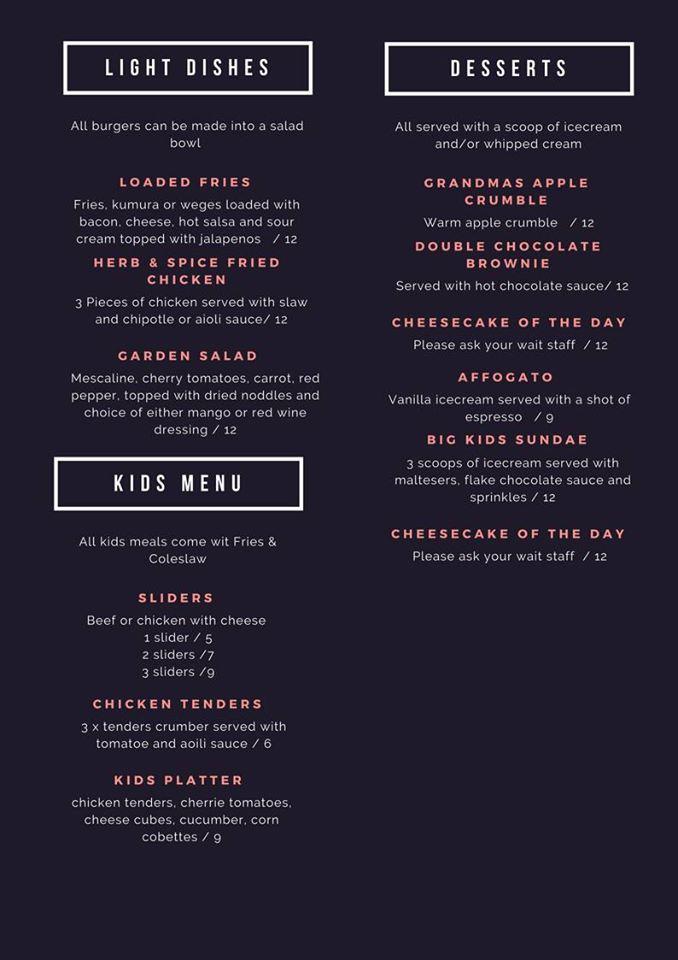 Menu at Belfast Food Bar, Christchurch, Main North Road