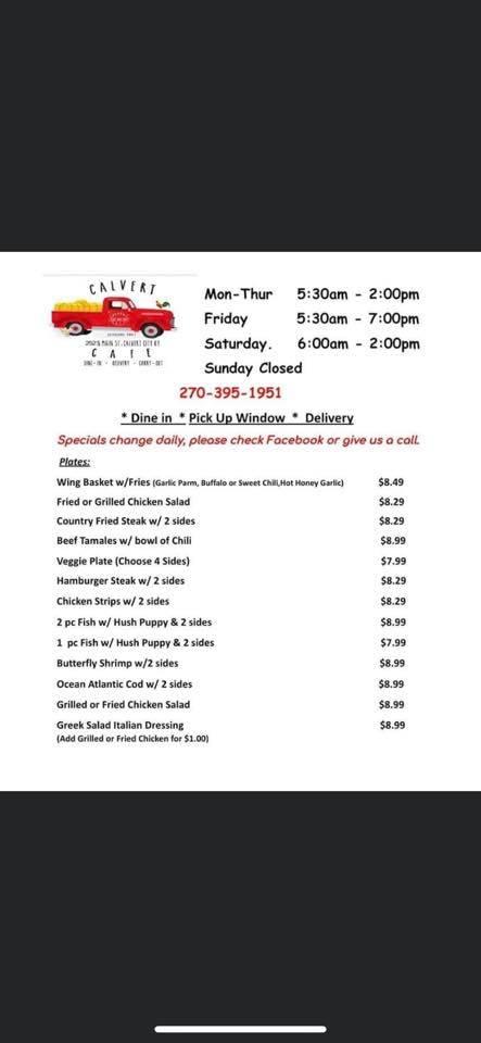 Menu at Calvert Cafe, Calvert City