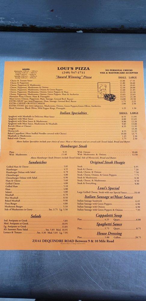Menu at Loui's Pizza pizzeria, Hazel Park