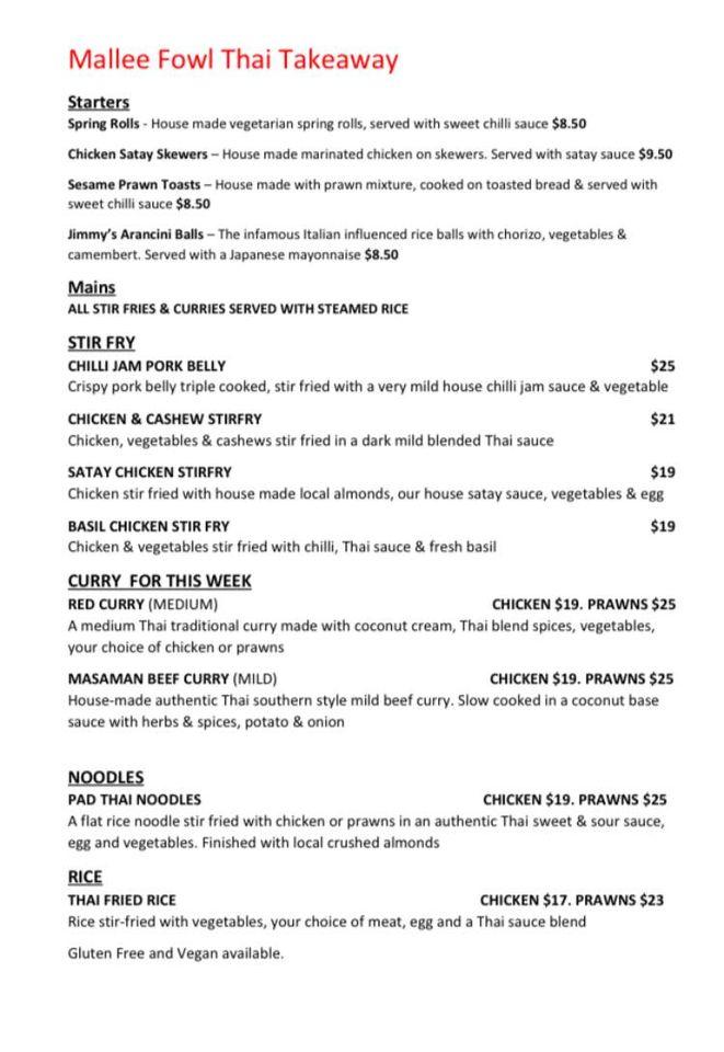 Carta de Mallee Fowl Restaurant, Monash, 19042 Sturt Hwy