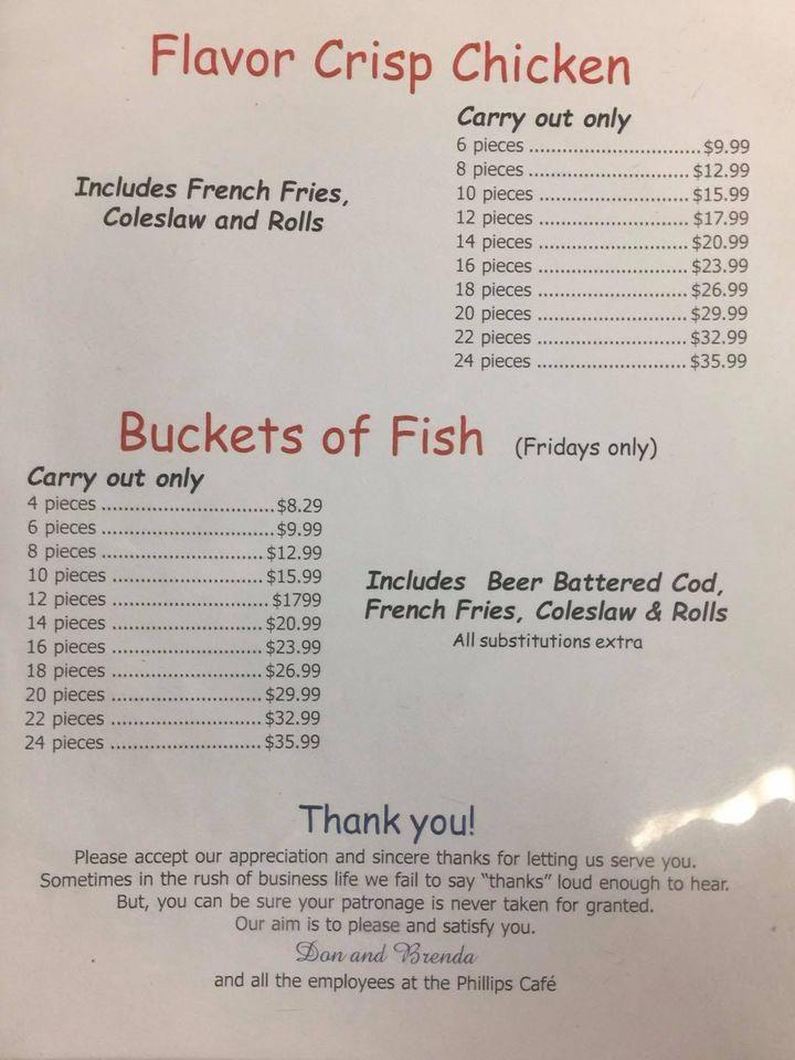 Menu at Phillip's Cafe & Catering, Phillips, 167 N Lk Ave