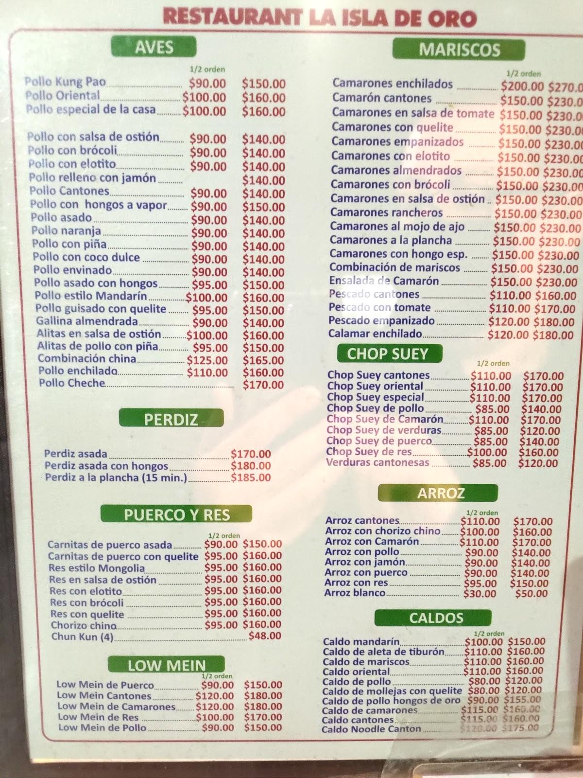 Carta de Restaurante Isla De Oro, Tijuana