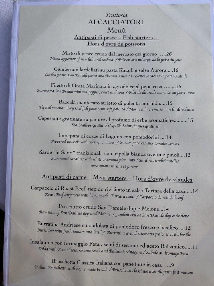 Menu at Trattoria Ai Cacciatori restaurant, Venice, Giudecca isola 320