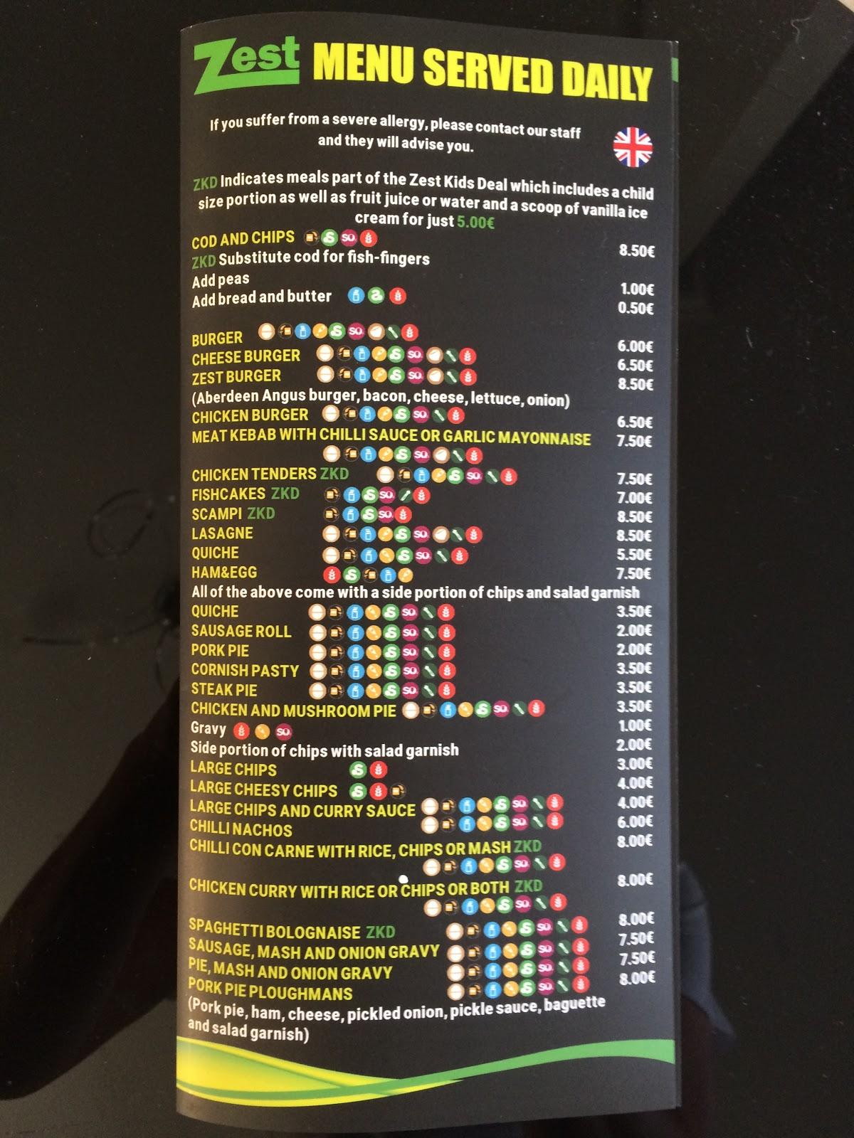 Carta del restaurante ZEST, Gran Alacant
