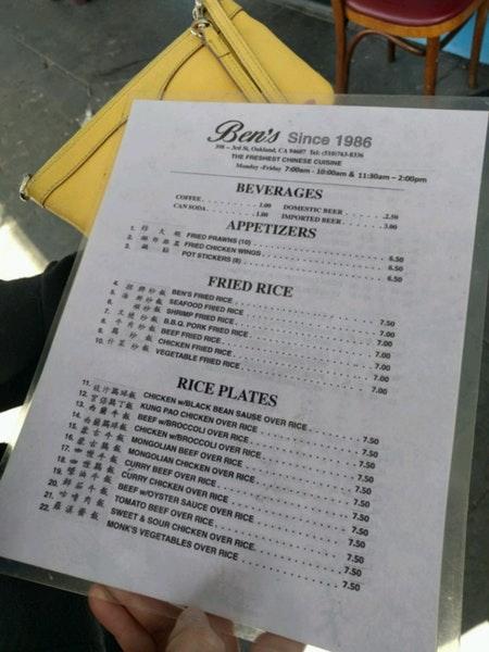 Menu at Ben's restaurant, Oakland