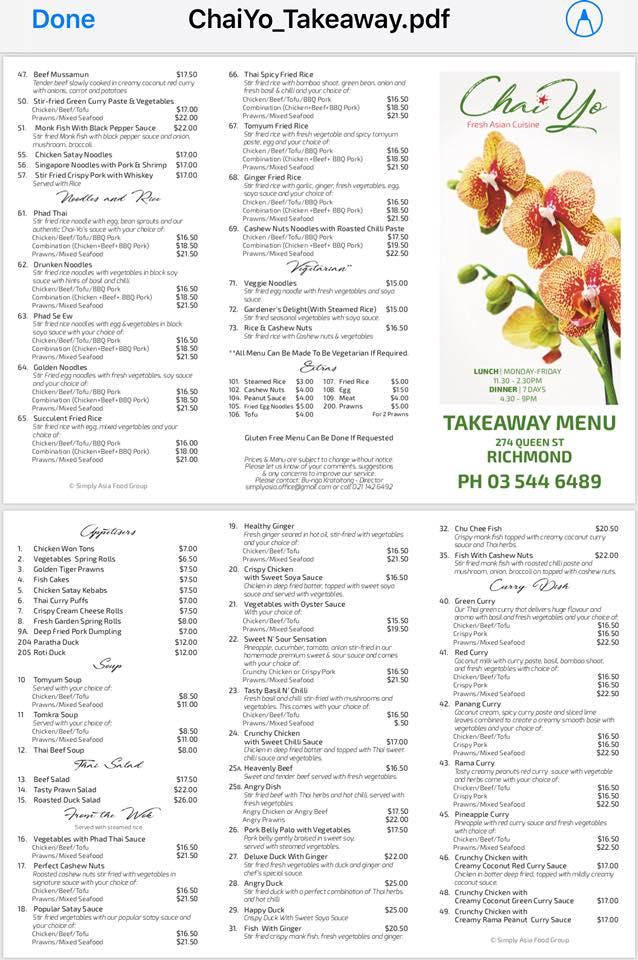 Menu at Chai-Yo Thai Restaurant Richmond, Richmond