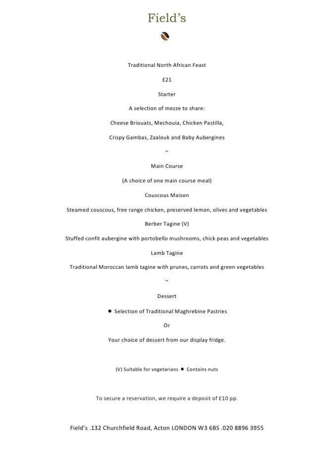 Menu at Fields cafe, London, 36 Churchfield Rd