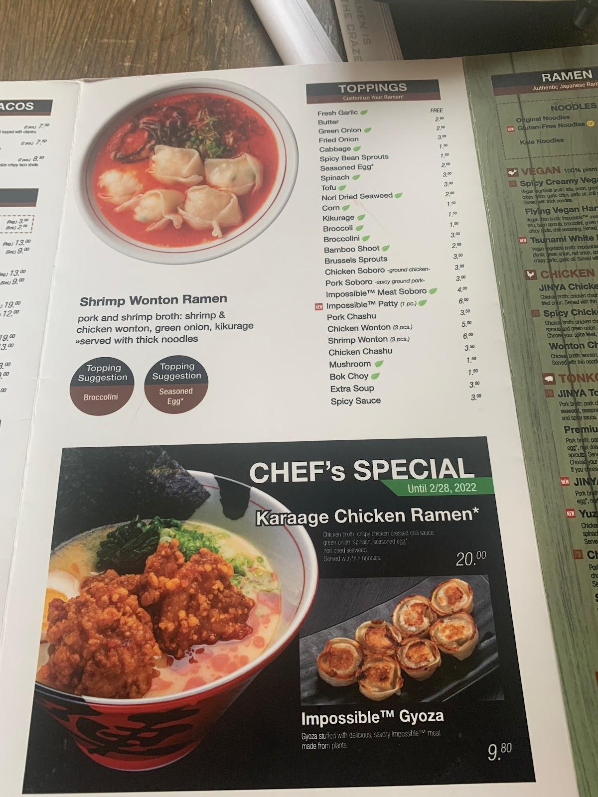 Menu at JINYA Ramen Bar - Vancouver Downtown, Vancouver, 541 Robson St