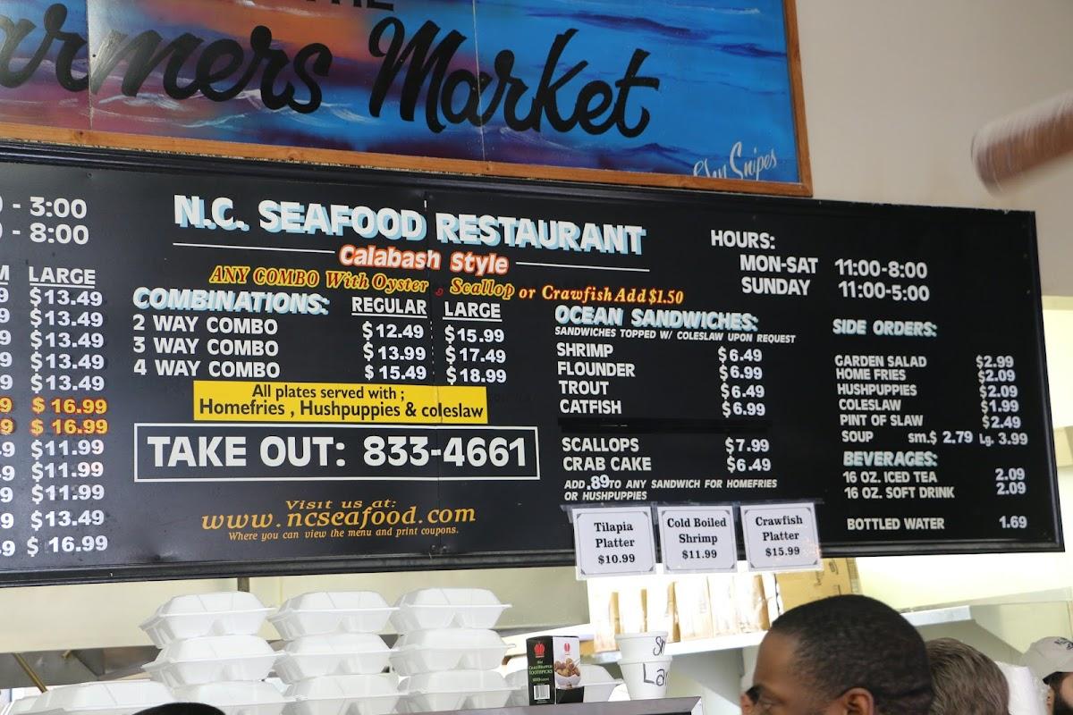 Menu at N.C. Seafood Restaurant at the Farmers Market, Raleigh ...