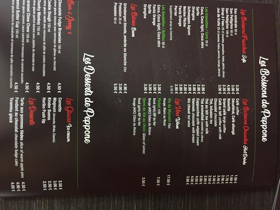 Menu at Pizza Peppone pizzeria, Huez