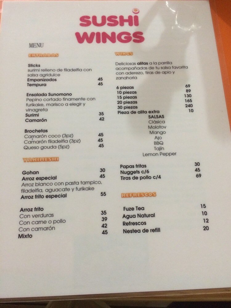 Menu at Sushi Wings restaurant, Monterrey, Burócratas 555