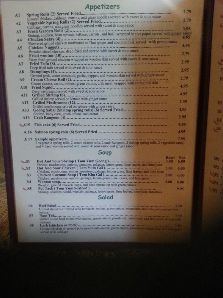 Menu at Thai Jasmine restaurant, Fayetteville
