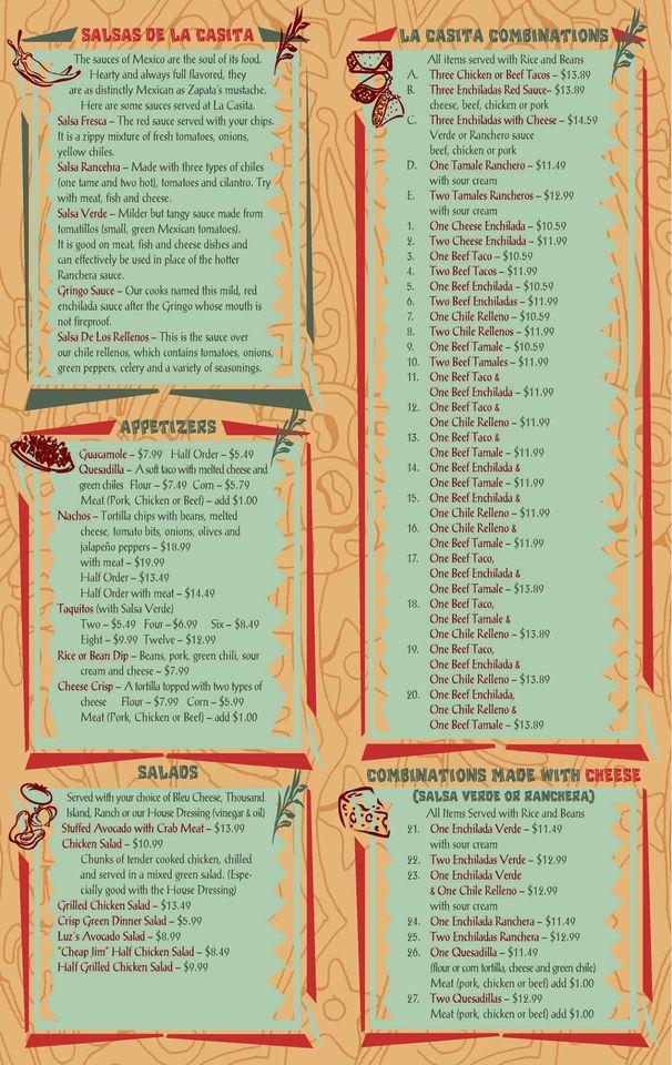 Menu at La Casita restaurant, Springville
